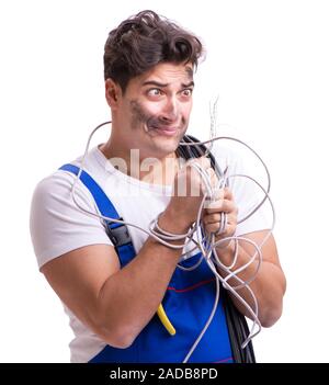 Funny man doing electrical repair Stock Photo - Alamy