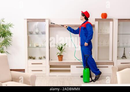 Young contractor doing pest control at home Stock Photo - Alamy