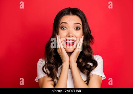 Photo of nice brunette hair millennial lady hands heart wear jeans ...