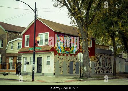 Colourful mural with a Latino theme in Pilsen neighborhood that is ...