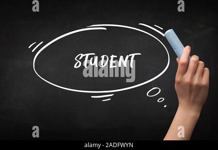 Hand drawing STUDENT inscription with white chalk on blackboard ...