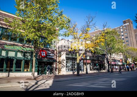 State Street in downtown Madison, a pedestrian zone with restaurants ...