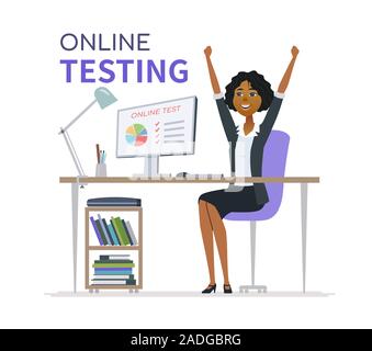 Testing woman. Cartoon character girl thinks about her checklist. Bad ...