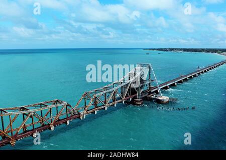 RAMESHWARAM Tamil Nadu, India - A train pass through the Pamban bridge ...