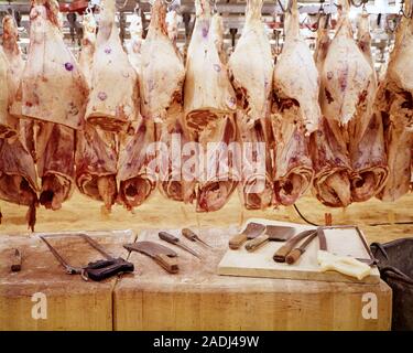 Meat industry,meats hanging in the cold store. Lamb carcasses and ...