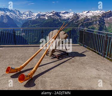 Alpine horn Alphorn music cor des alpes sound Switzerland Europe Valais ...