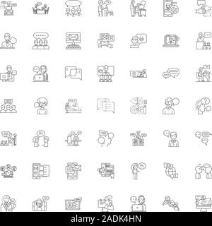 Chatting people line icons, signs set. Conversing, Chatting, Connecting, Interacting, Gossiping ...