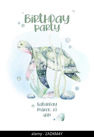 sea animals aquarium baby happy birthday poster. Blue watercolor ocean ...