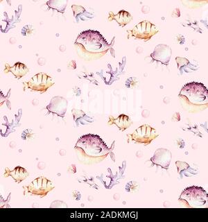 Watercolor sea shell seamless pattern. Hand drawn seashells texture ...