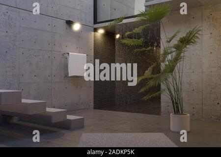 3D rendering of a modern cubic house with notes, measurements and ...