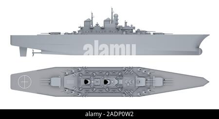 warship in gray side view and top view isolated on white. 3d rendering ...