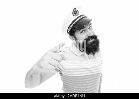 Sailor spirit born free. Bearded sailor isolated on white. Sailor or ...