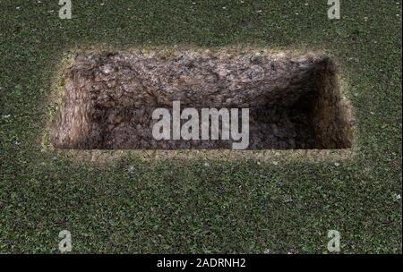 An open empty grave dug out of a field of green grass - 3D Render Stock ...