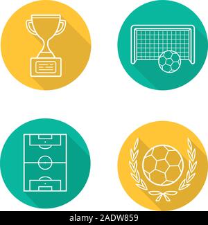 Soccer flat linear long shadow icons set. Football t-shirt, shoes and ...