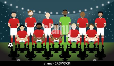 line up of eleven multinational male soccer players in red kit on ...