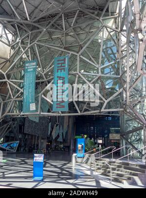Steel latticework in the atrium of Federation Square Melbourne Victoria ...