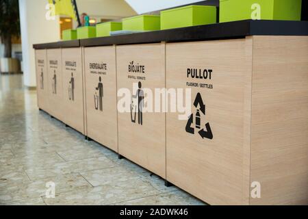 Recycling bins in a fast food restaurant at Manufaktura entertainment ...