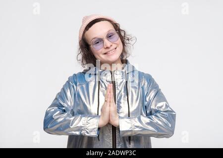Portrait of thankful funny positive woman bob hairdo dressed red ...