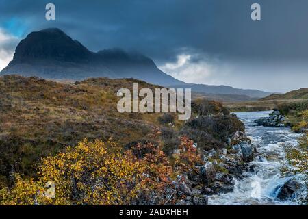 Autumn birch trees and mountain river on foot of Tian-Shan Mountains ...