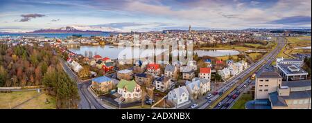 Aerial view of a neighborhood in Reykjavik, Iceland. This image is shot ...