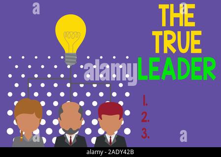 Writing note showing The True Leader. Business concept for one that ...