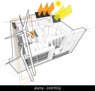 wind turbines, solar panels and green building icons over white ...