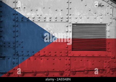 Czech flag depicted on side part of military armored tank close up ...