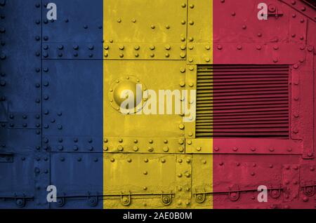 Chad flag depicted on side part of military armored tank close up. Army ...