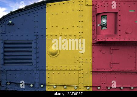 Chad flag depicted on side part of military armored tank close up. Army ...