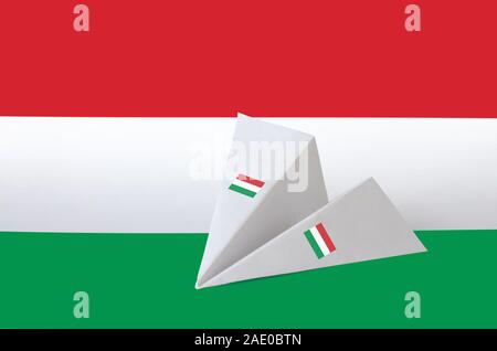 Hungary flag depicted on paper origami ship closeup. Oriental handmade ...