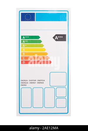 Energy consumption efficiency rating sticker attached to refrigerator ...