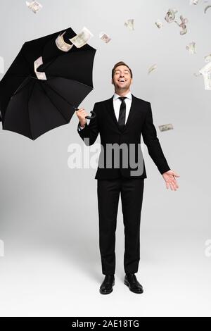 Businessman standing with umbrella in dollar bill rain concept Stock ...