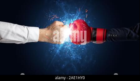 Two hands fighting with light, glow, spark and smoke concept Stock ...