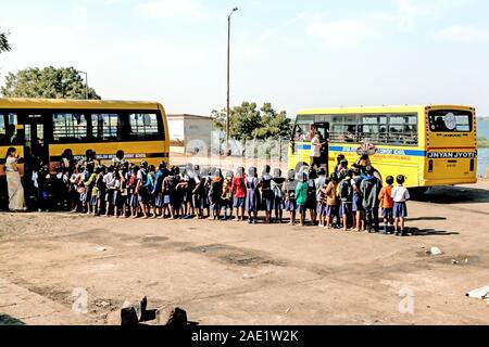 Students queue, School bus, Hampi, Karnataka, India, Asia Stock Photo ...