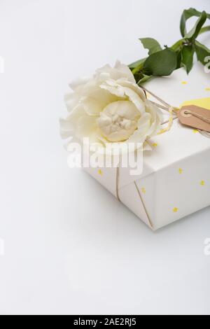 holiday paper present tied yellow ribbon bow top view with copy space ...