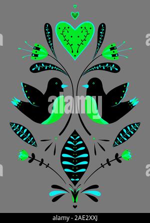 A poster, graphic, illustration with birds, heart, leaves, and flowers ...