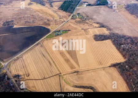 Aerial view of rural Dane County, Wisconsin in the winter on an ...