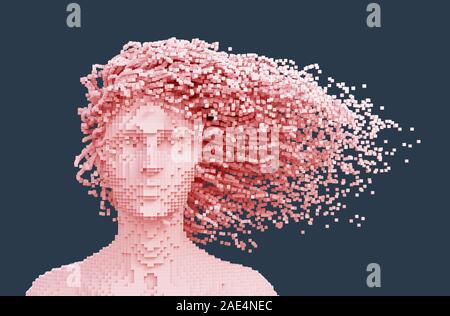 Pink Pixelated Head Of Woman And 3D Pixels As Hair. 3D Illustration ...