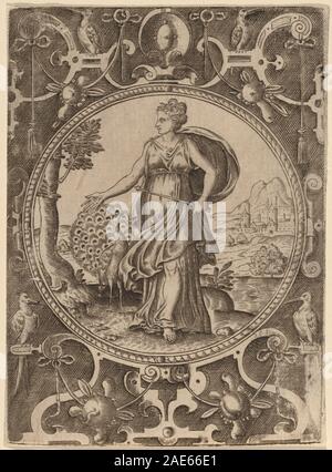 An artwork depicting Juno, the Roman goddess, with her peacock ...