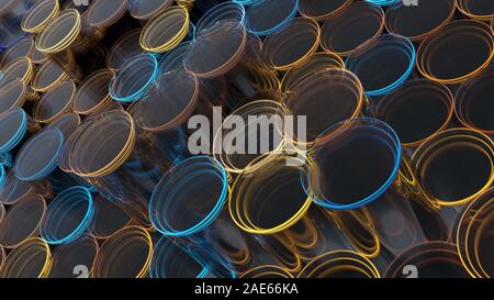 Abstract background of glass cylinders with luminous edges. 3D ...