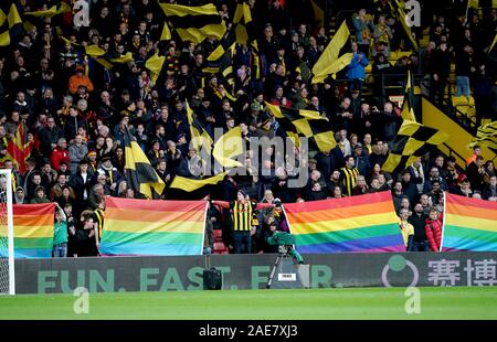 Watford fans hold flags before the Sky Bet Championship match at ...