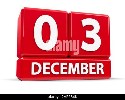 3rd day of December. 3d calendar with the date of 3 December on blue ...