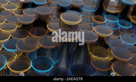 Abstract background of glass cylinders with luminous edges. 3D ...