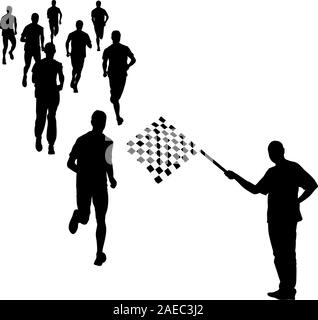 Man waving checkered flag before the finish runner. Vector illustration Stock Vector Image & Art ...