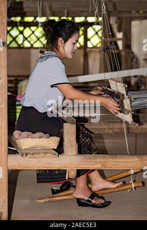 Thai traditional weaving with loom Stock Photo - Alamy