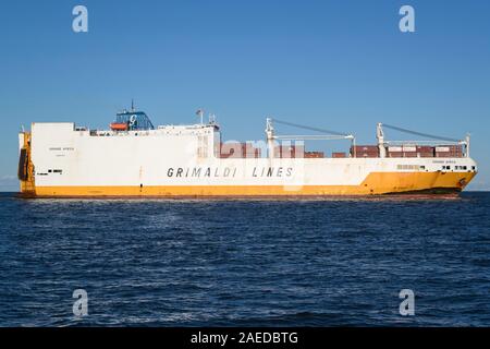 Grimaldi Lines ConRo ship GRANDE AFRICA on the river Elbe. The Grimaldi ...