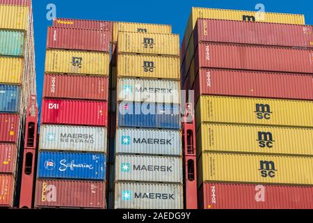 Colorful Maersk, MSC, Hamburg Sud shipping containers stacked at ...