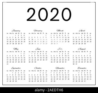 Calendar 2020 year. Black and white vector template. Week starts on ...