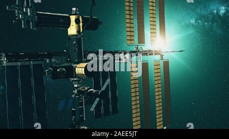 Close up of ISS orbiting realistic Earth globe. International Space ...