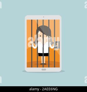 Unhappy female character locked in cage. Fingers pointing on sad girl ...